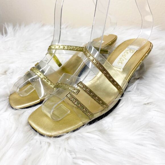 Renica | Shoes | Vintage Renica Gold Lucite Heel Square Toe Sandals ...